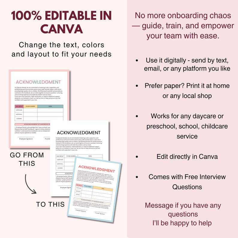 Daycare Employee Handbook Template Editable Canva Preschool Staff ...