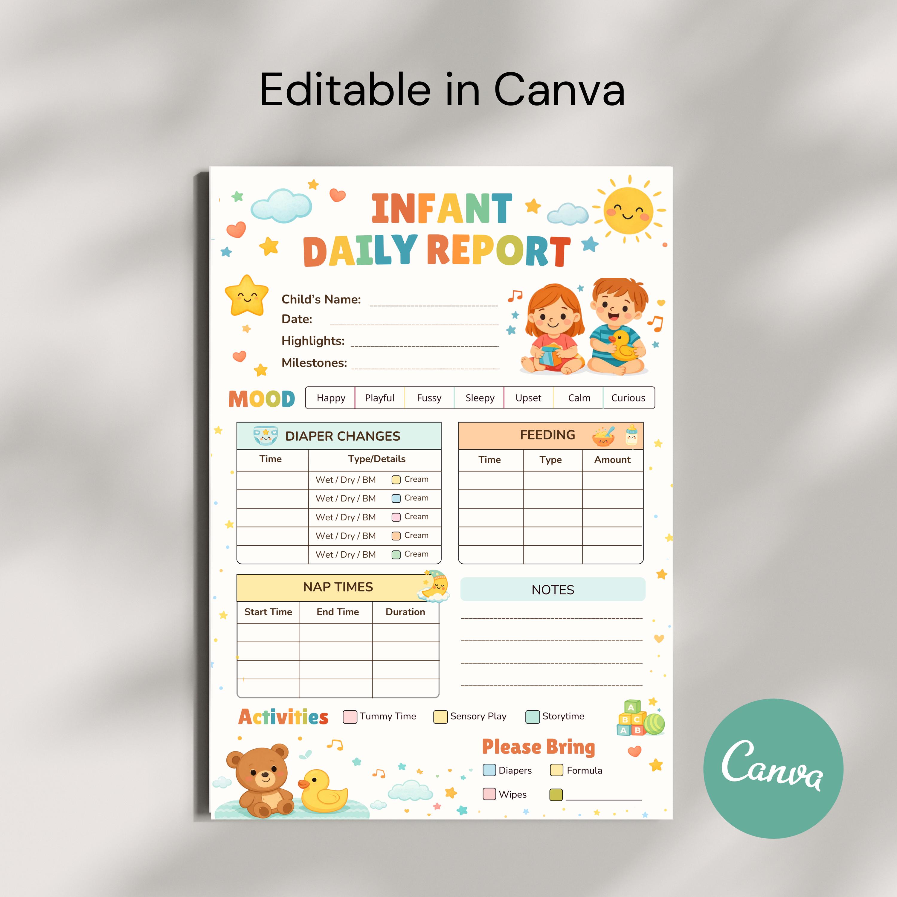 Infant Daily Report Template Editable Canva Daycare Baby Daily Sheet ...