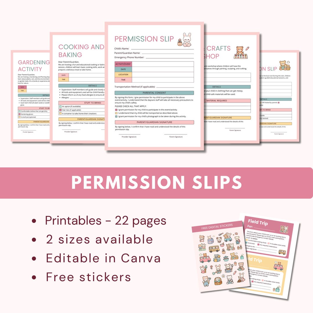 Permission Slip Template Editable Daycare Consent Form Preschool ...