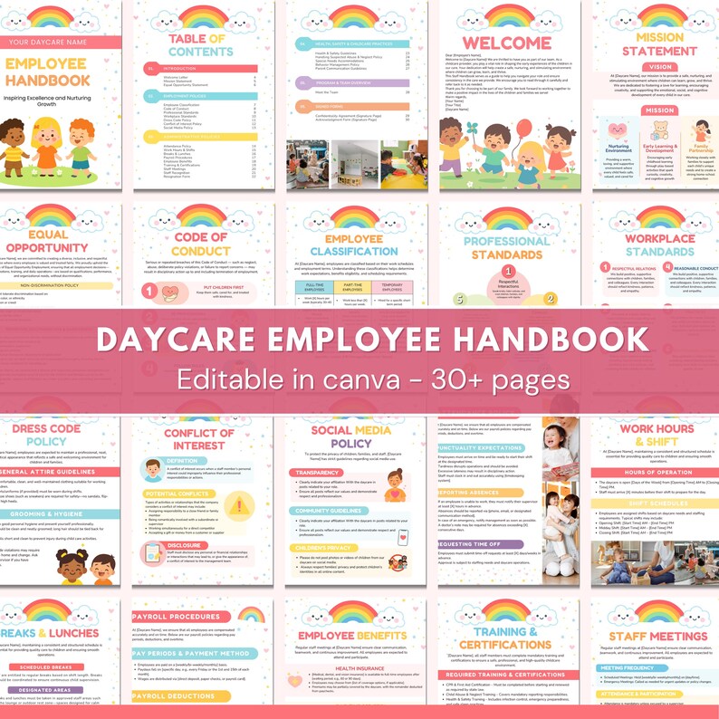 Daycare Employee Handbook Template Editable Canva Childcare Staff ...