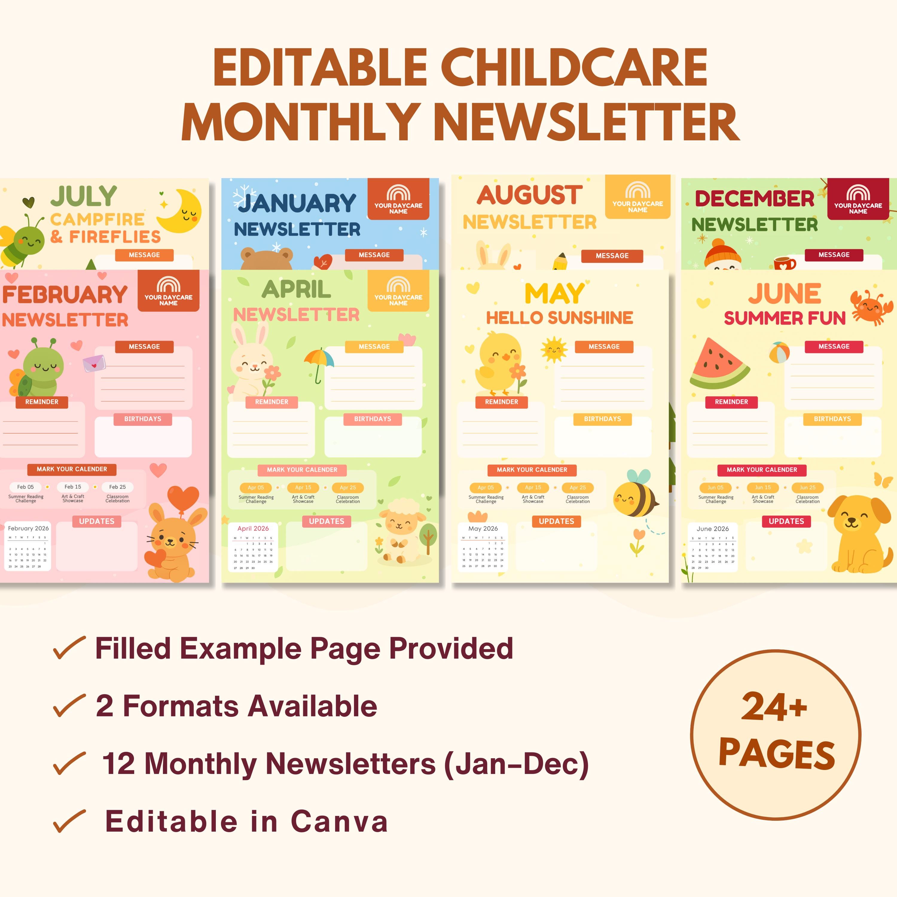 Childcare Monthly Newsletter Template Editable Canva Parent ...