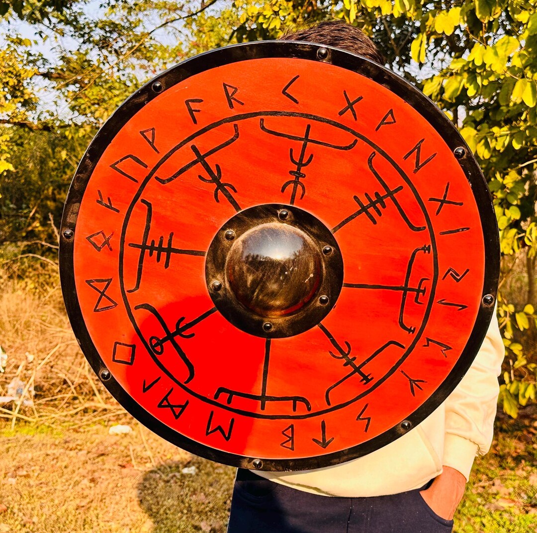 Helm of Awe Red Wooden Shield | Authentic Medieval Vegvisir Norse ...