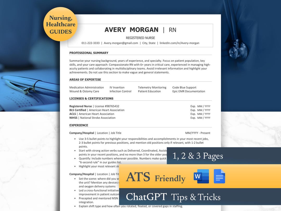 Nurses Resume Template, Editable ATS Friendly Google Docs & Word Cv ...