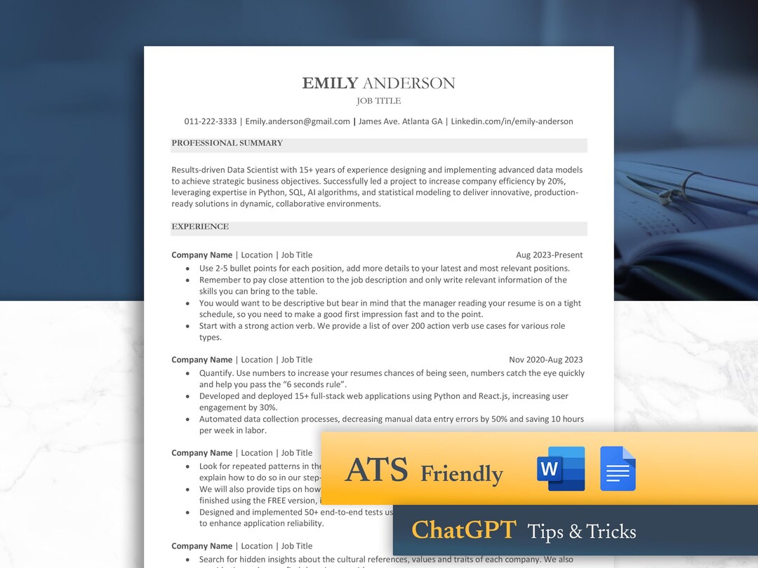 ATS Friendly Resume Template, CV Template Word & Google Docs ...