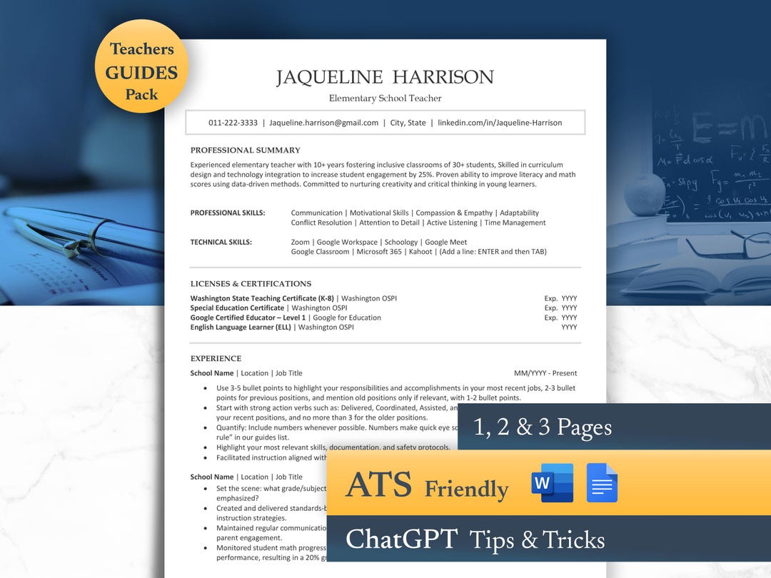 Teacher Resume – ATS Friendly Resume Template for Teachers | Word ...