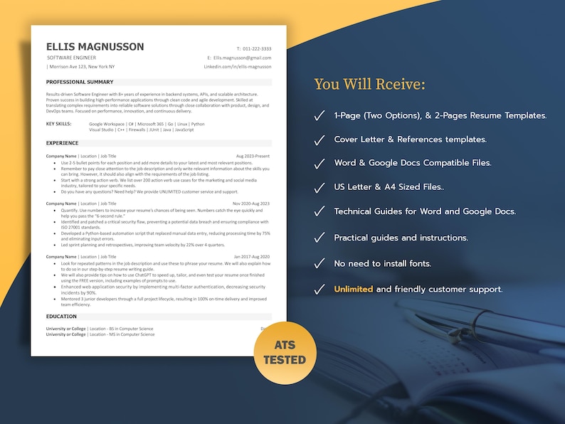 Modern Tech ATS Friendly Resume Template for Word & Google Docs, IT ...