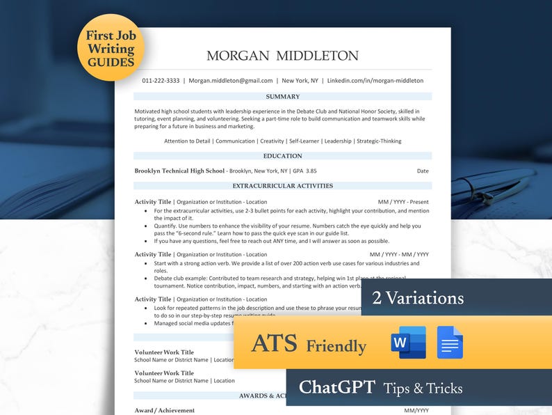 No Experience ATS Resume Template Word & Google Docs 2 Versions Grad ...
