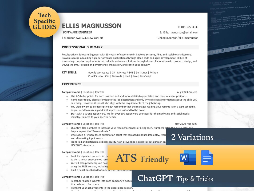 Modern Tech ATS Friendly Resume Template for Word & Google Docs, IT ...