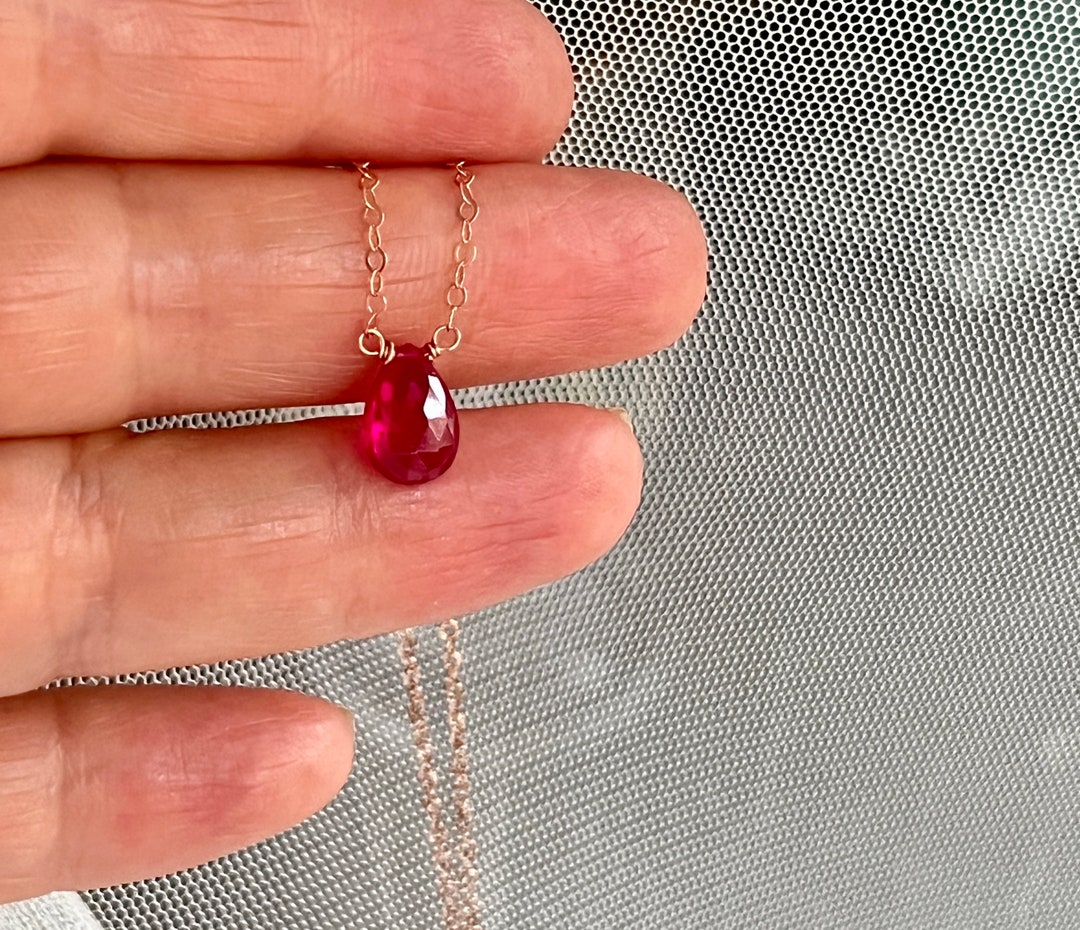 Tiny Red Ruby Quartz Pendant, Dainty 14k Rose Gold Choker, Delicate ...