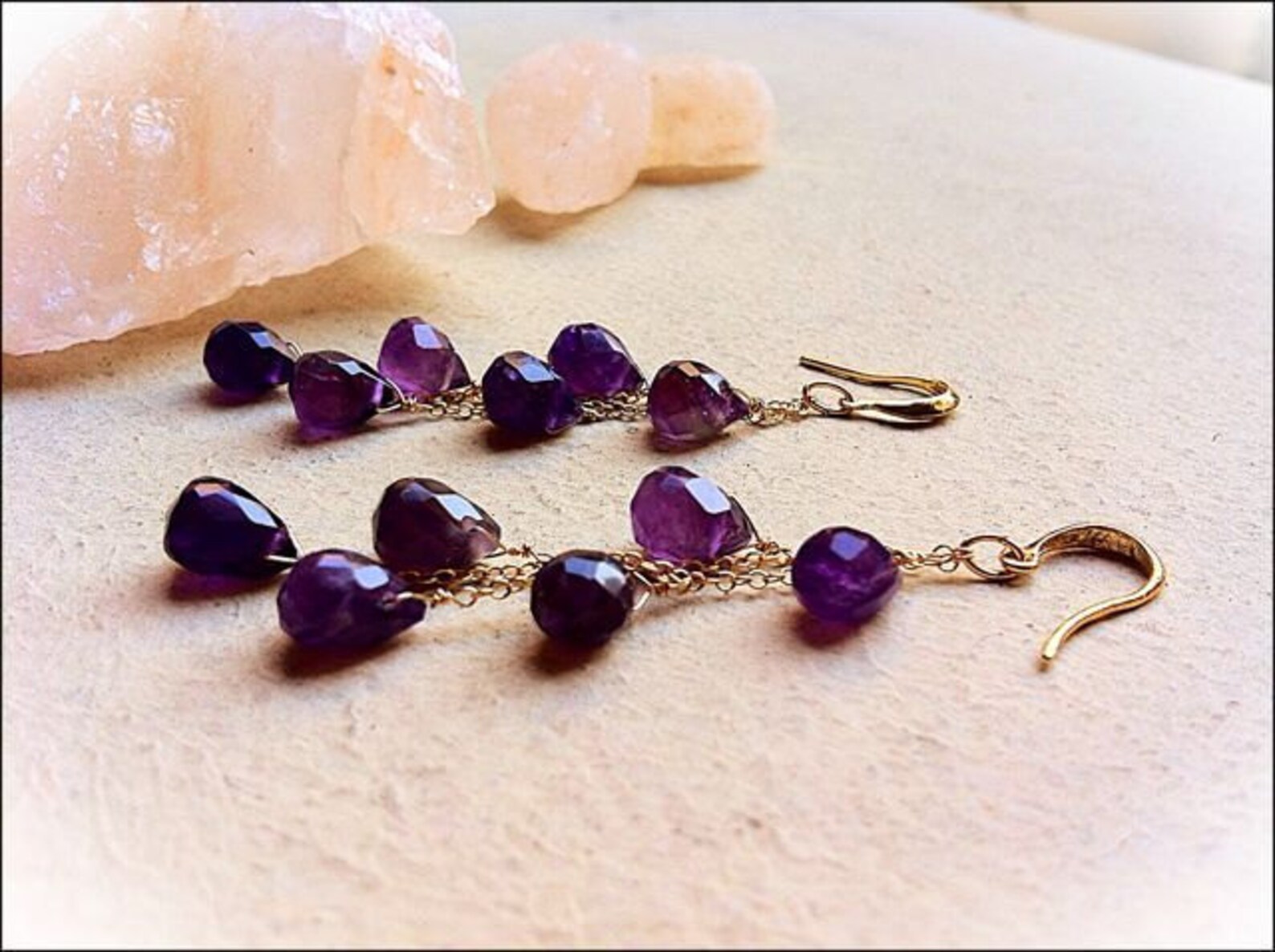 14k Gold Purple Amethyst Gems Cascade Earrings. February - Etsy