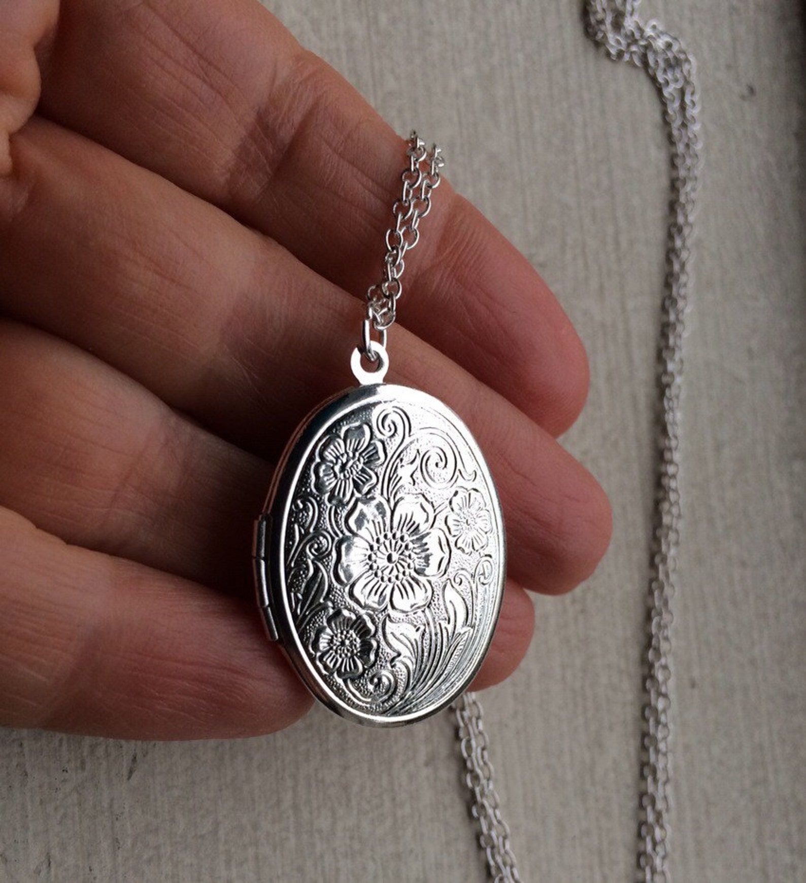 SALE Silver Locket Necklace Oval Locket. Long Chain Necklace. | Etsy