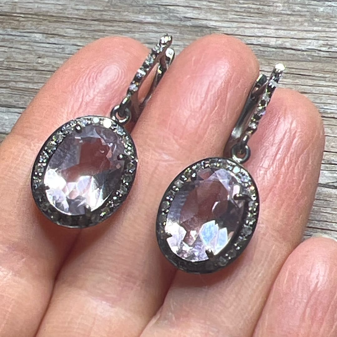 Pink Rose Quartz, Diamonds Pave Sterling Silver Tarnished Dangle Patina ...