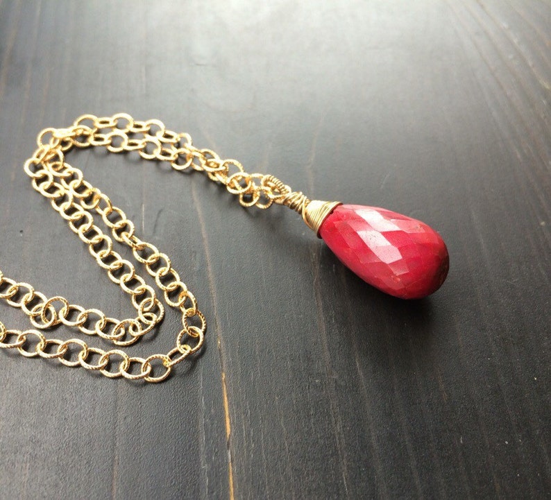 Big Natural Red Ruby pendant Gold necklace. Wire wrapped. | Etsy