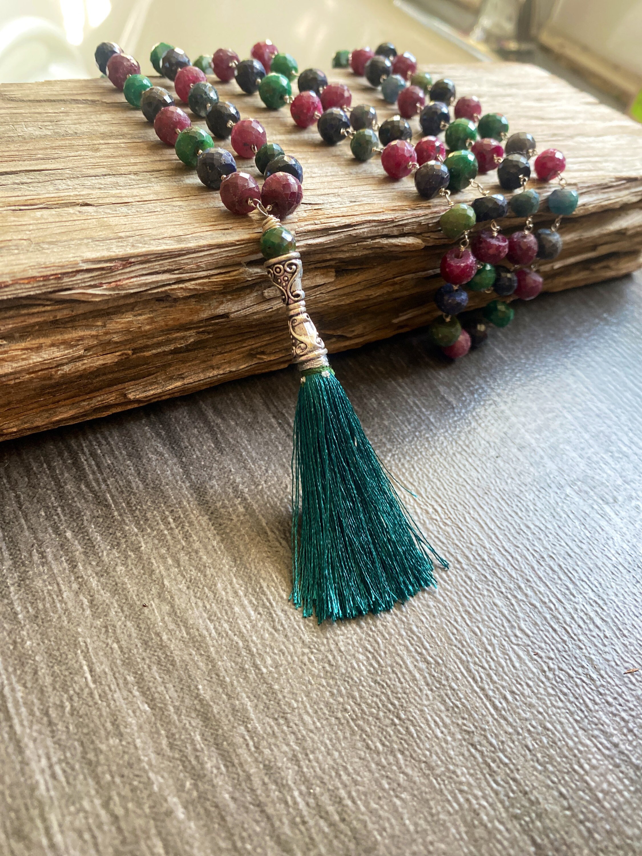 Red Ruby Blue Sapphire Green Emerald Mala Necklace | Etsy