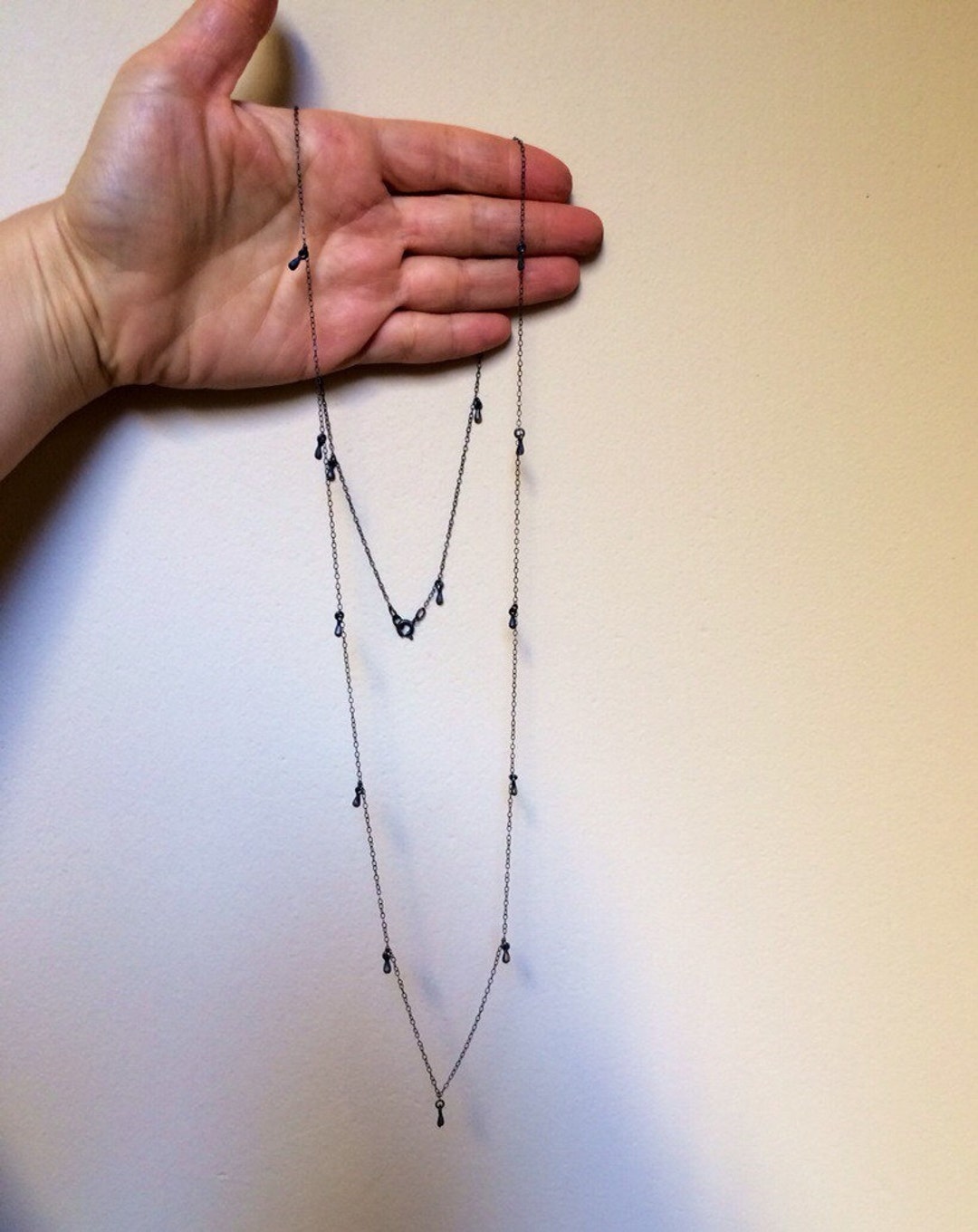 Long Tarnished Necklace, Sterling Silver, Tiny Drops, 36 Inches ...