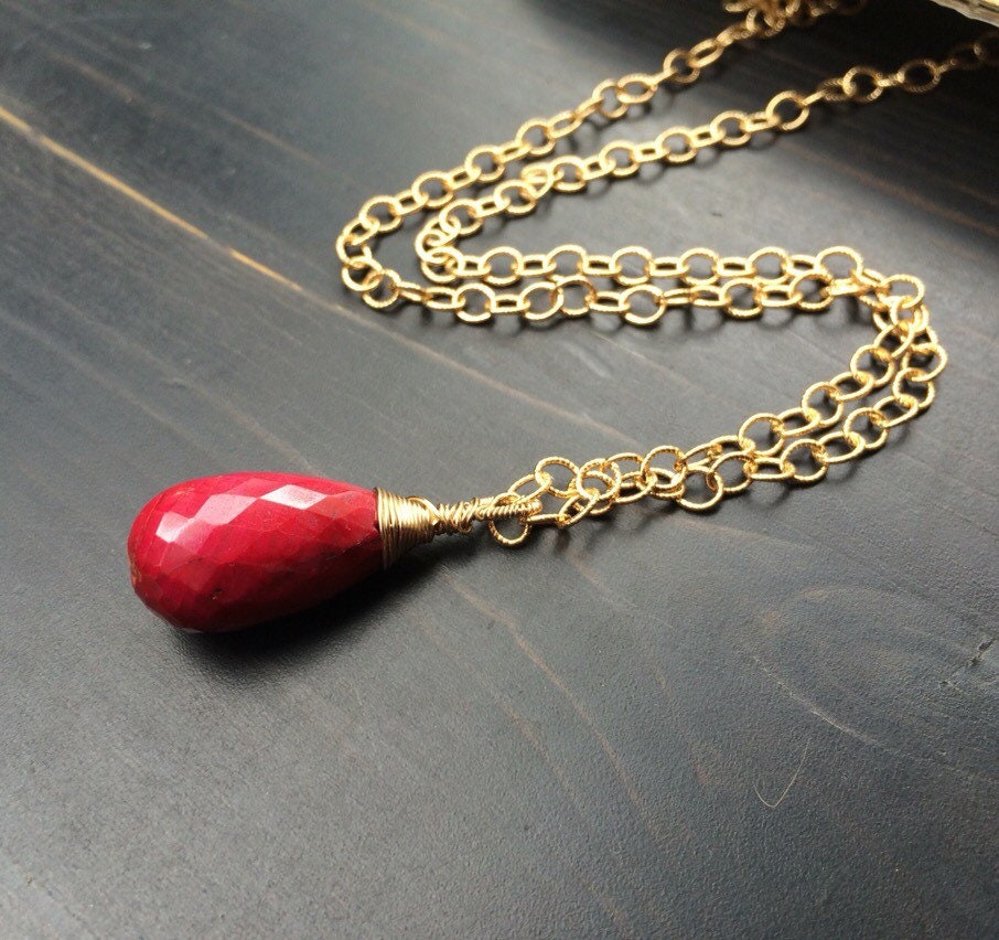 Big Natural Red Ruby pendant Gold necklace. Wire wrapped. | Etsy