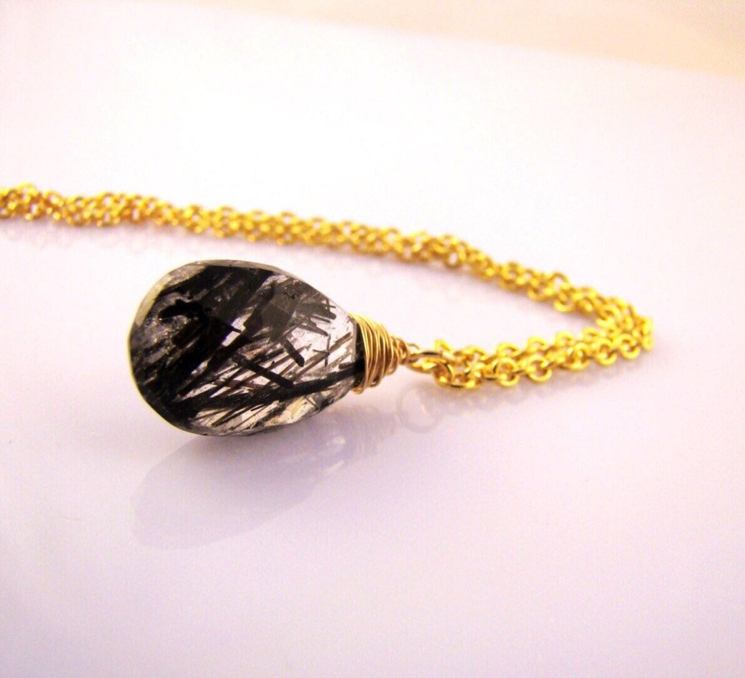 Black Rutilated Quartz Pendant Necklace: Gold Wire Wrapped Angel Hair ...