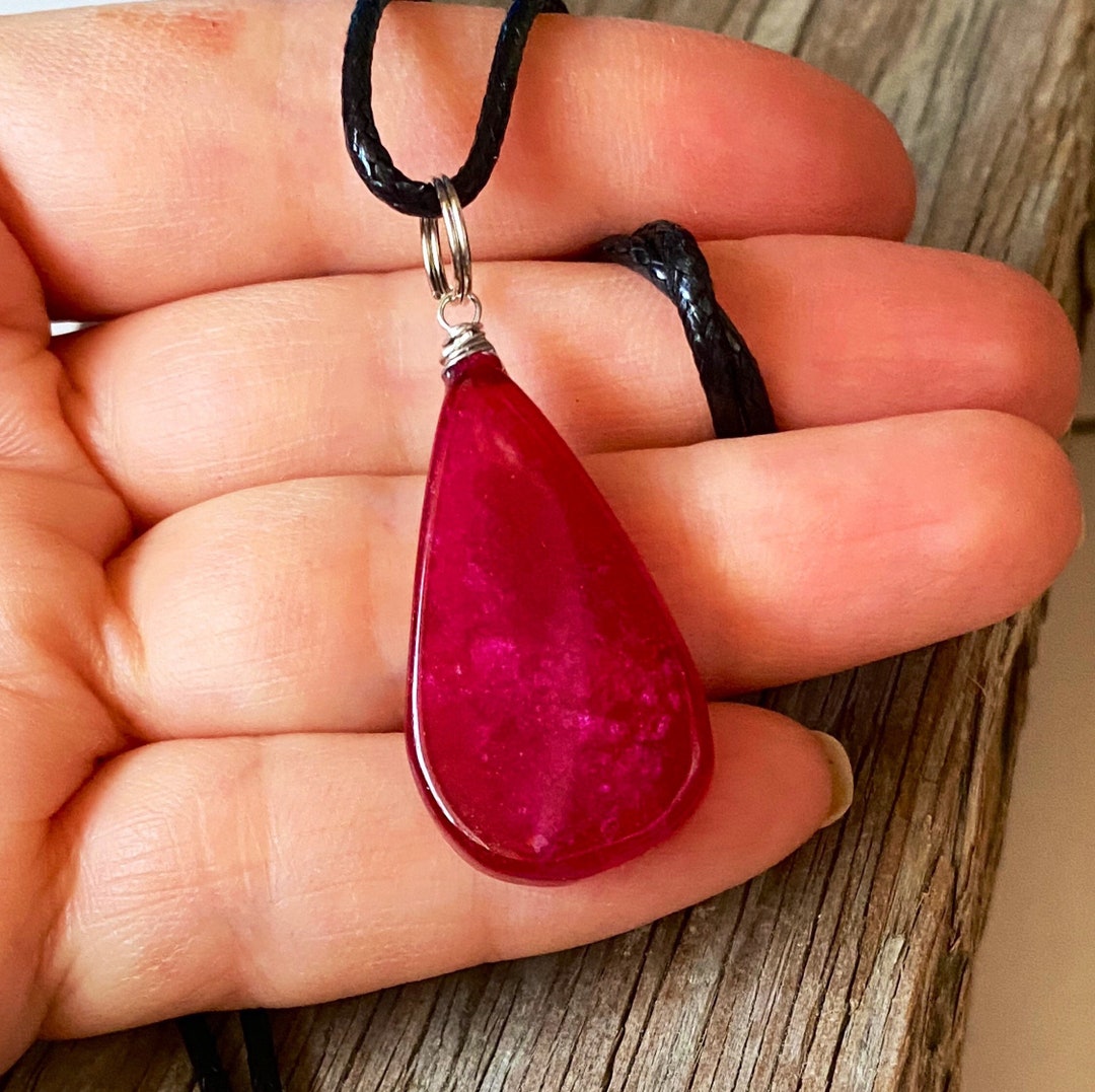 Big Red Ruby Pendant Necklace, 18 Inches Plus Extender, Vegan Leather ...