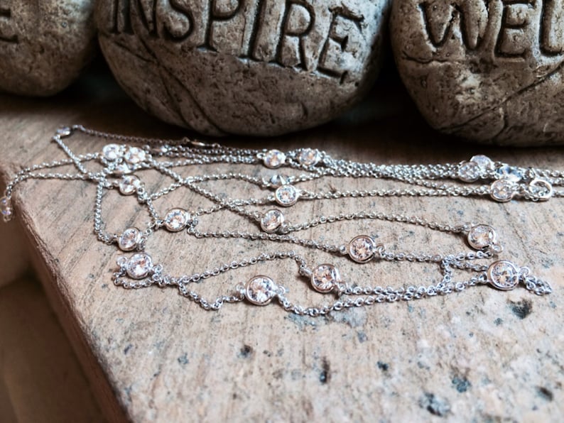 50 Long Rhinestone Necklace. Sterling Silver Chain. - Etsy