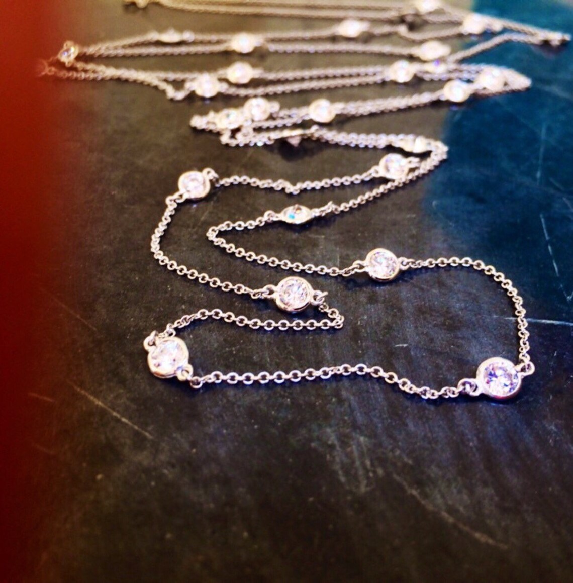 50 Long Rhinestone Necklace. Sterling Silver Chain. - Etsy