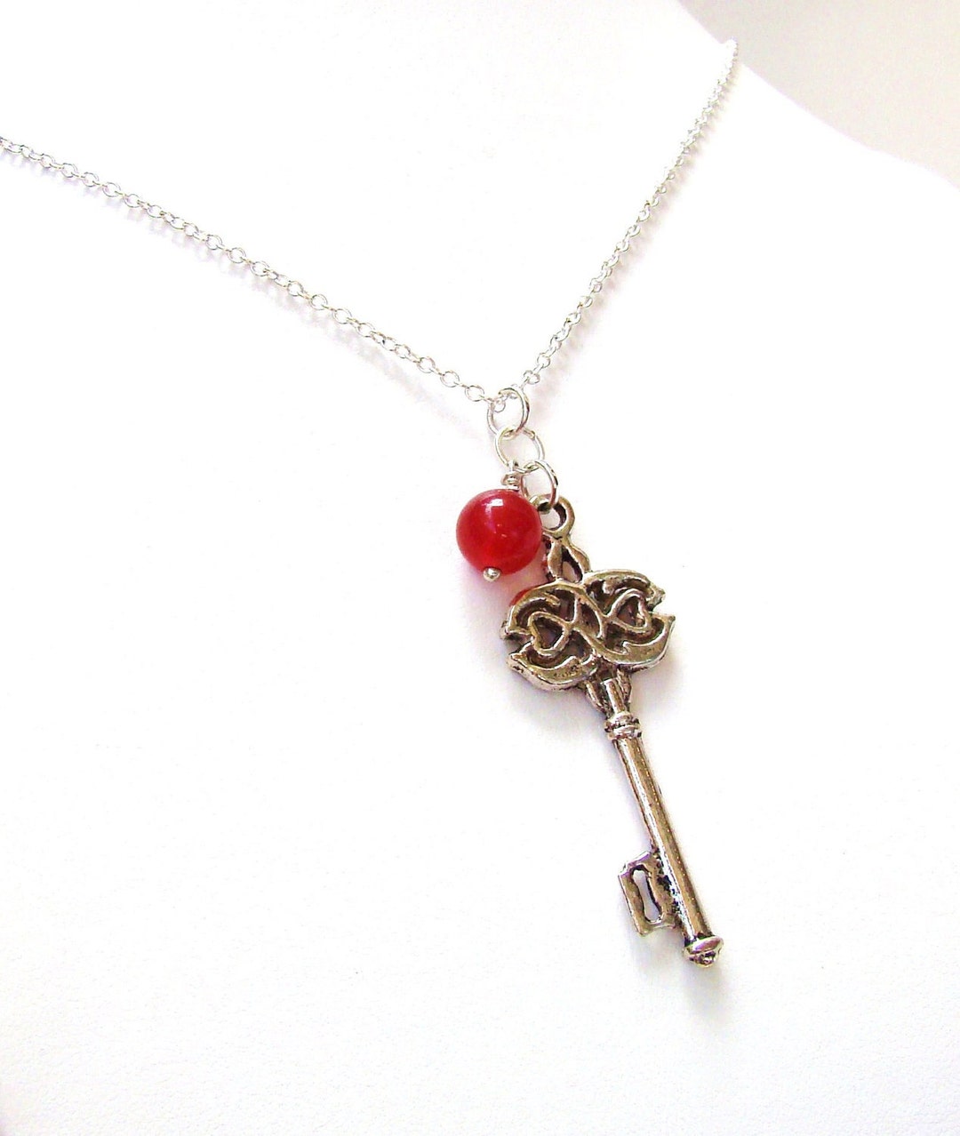 Vintage Key Necklace: Ruby Gem, Silver Skeleton Key, July Birthstone - Etsy