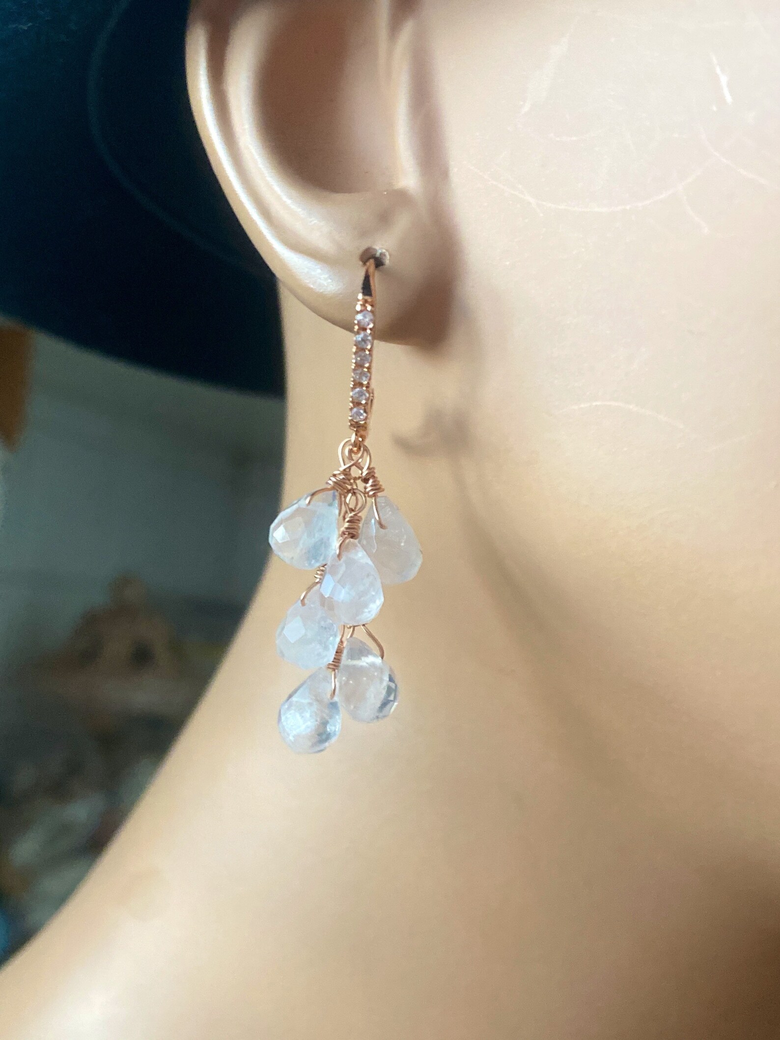 Blush Pink Rose Quartz Stone Cascade Earrings Rose Gold Pave | Etsy