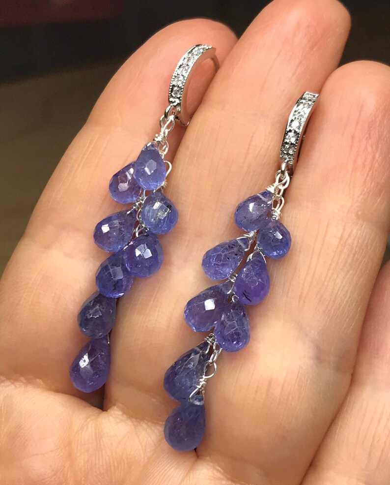 Natural periwinkle Tanzanite earrings. Cluster stone cascade. | Etsy