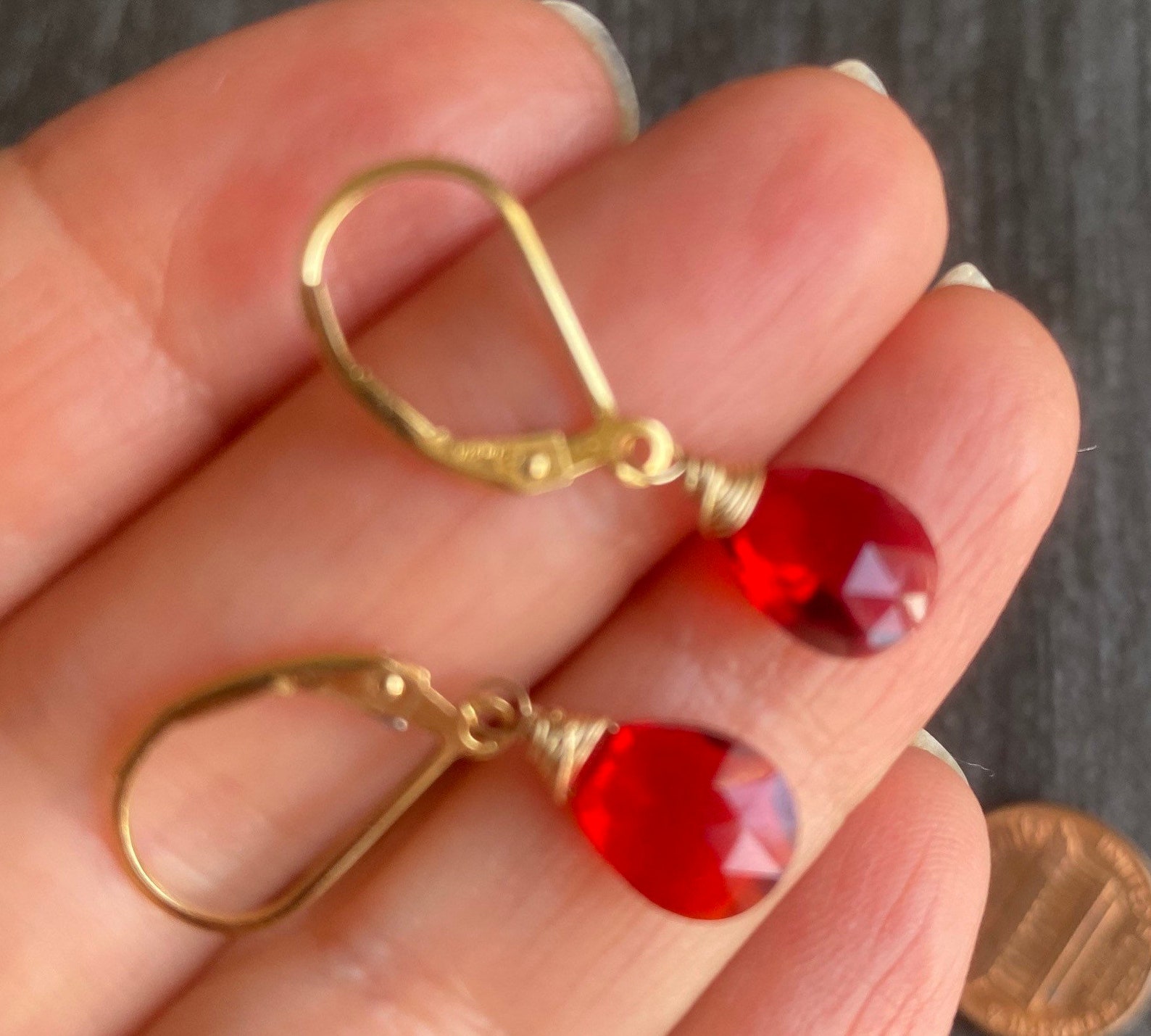 Red Ruby Quartz Earrings Dangles. Gold or Silver. Petite | Etsy