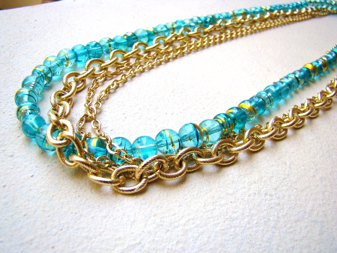 Sale Long Blue Gold Chain Statement Necklace Nautical - Etsy
