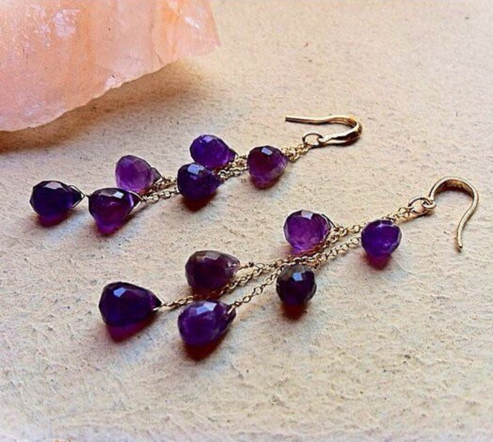 14k Gold Purple Amethyst Gems Cascade Earrings. February - Etsy