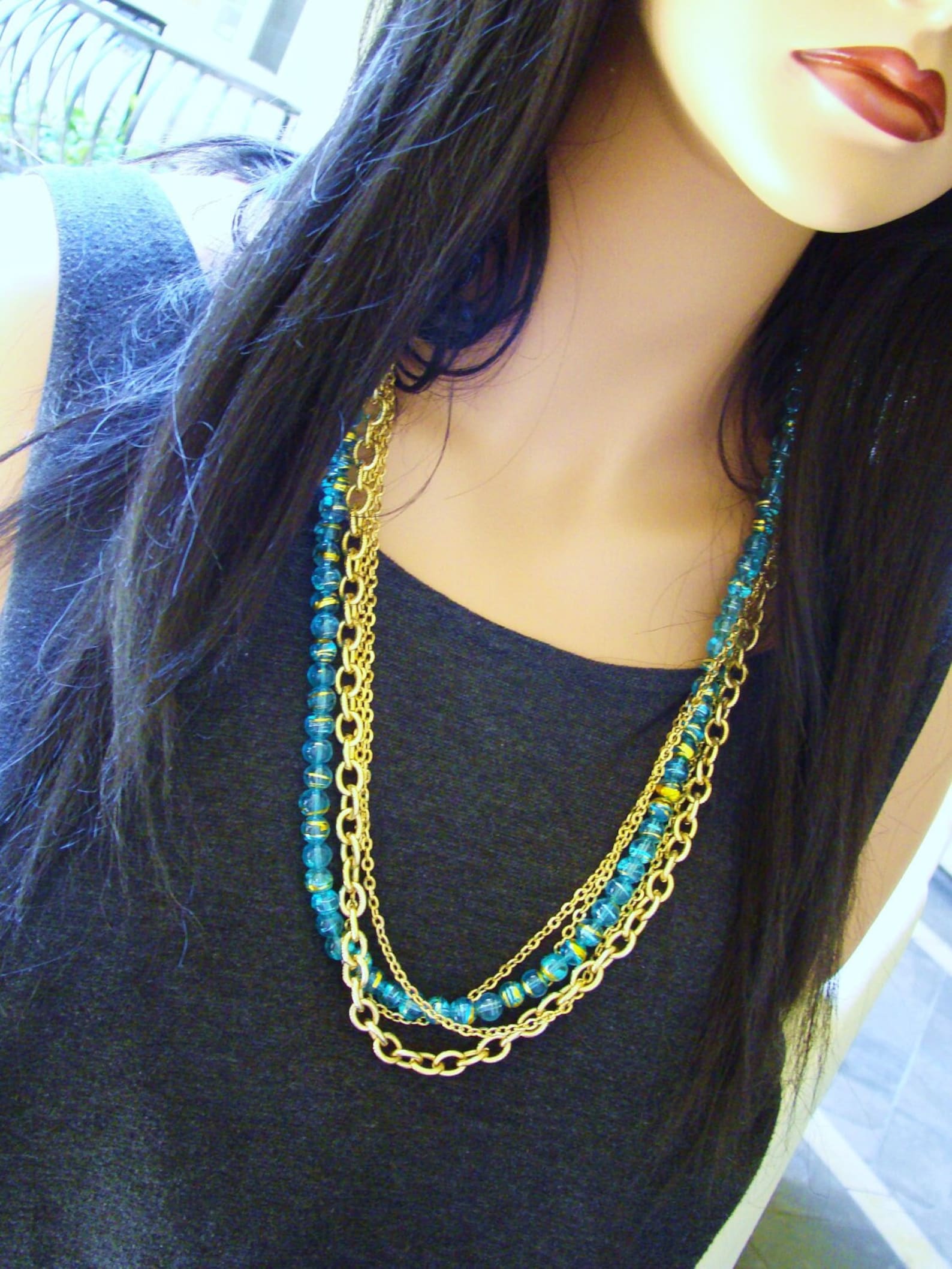 Sale Long Blue Gold Chain Statement Necklace Nautical - Etsy