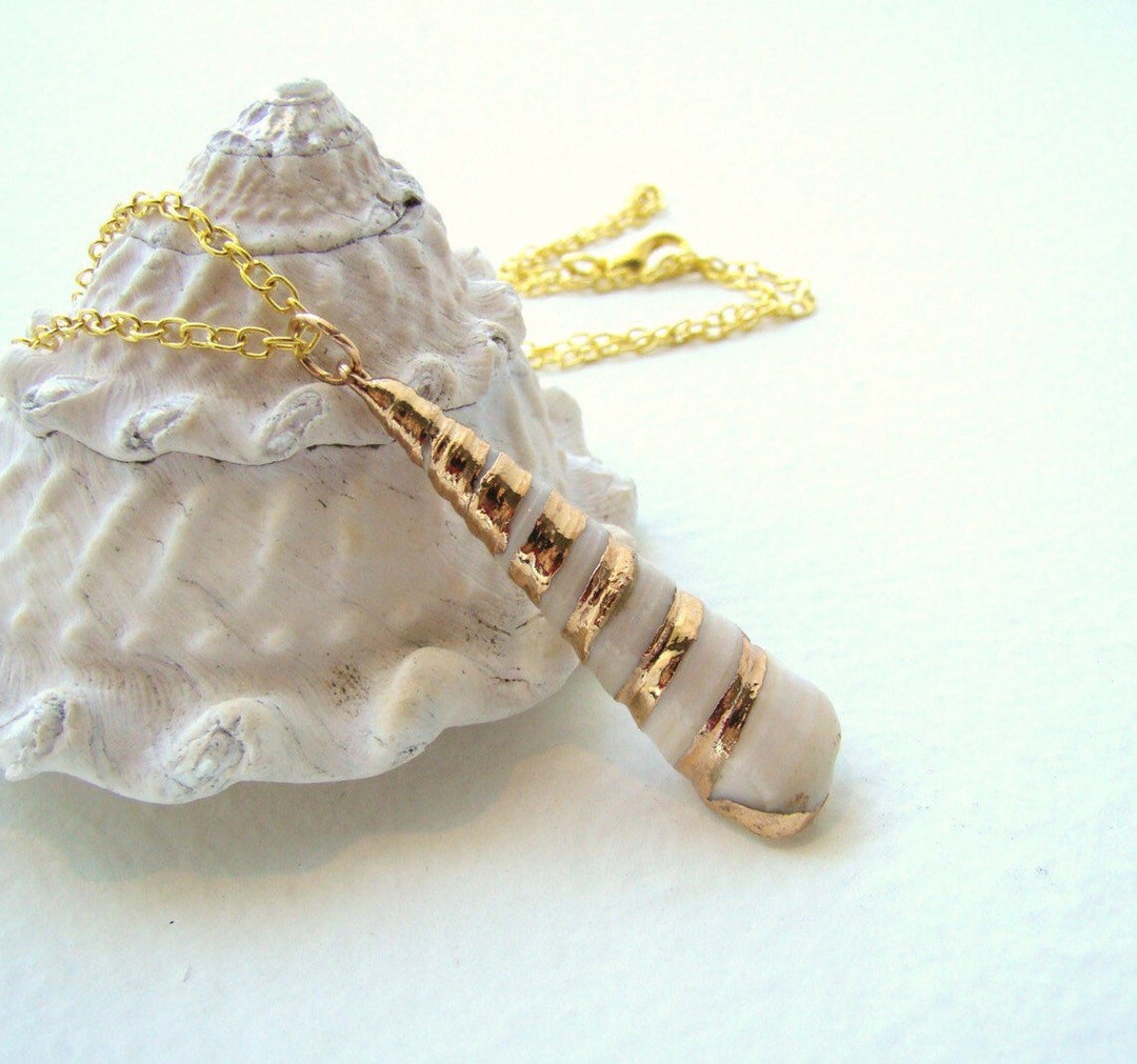Sea Shell Gold Dipped Pendant, Chain Necklace, Natural Shell, Beach ...