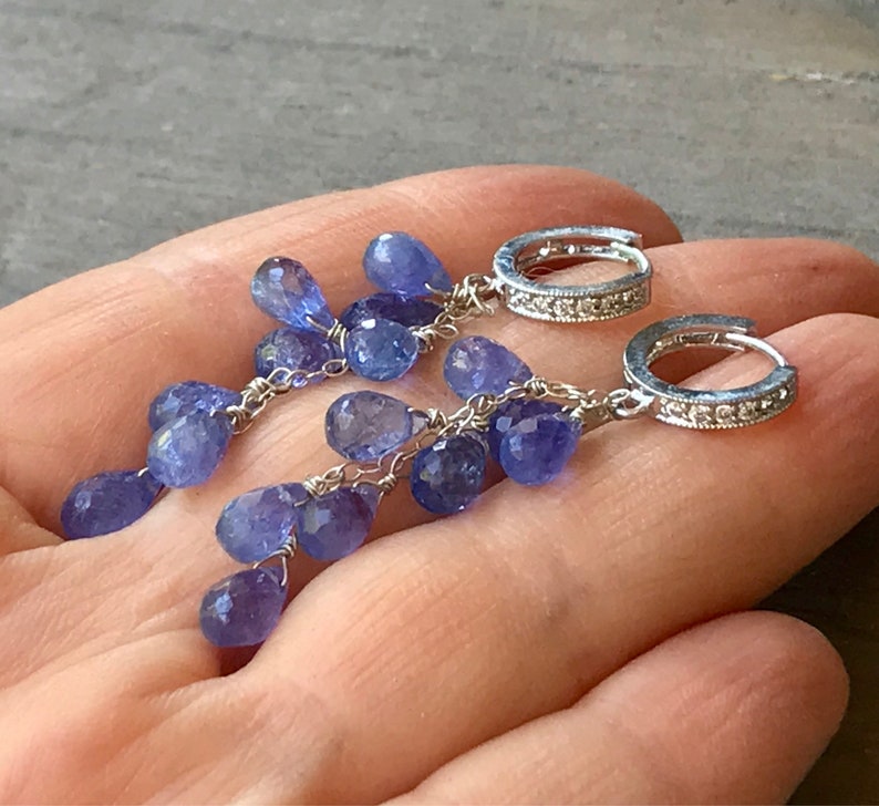 Natural periwinkle Tanzanite earrings. Cluster stone cascade. | Etsy