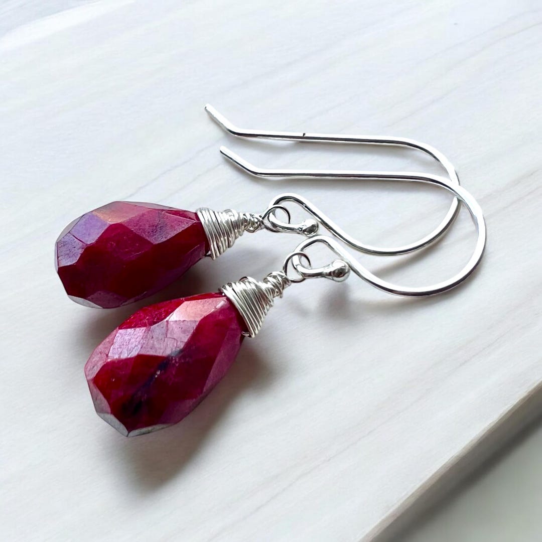 Petite Ruby Earrings, Dark Red Drops, Burgundy Dangles, Natural ...