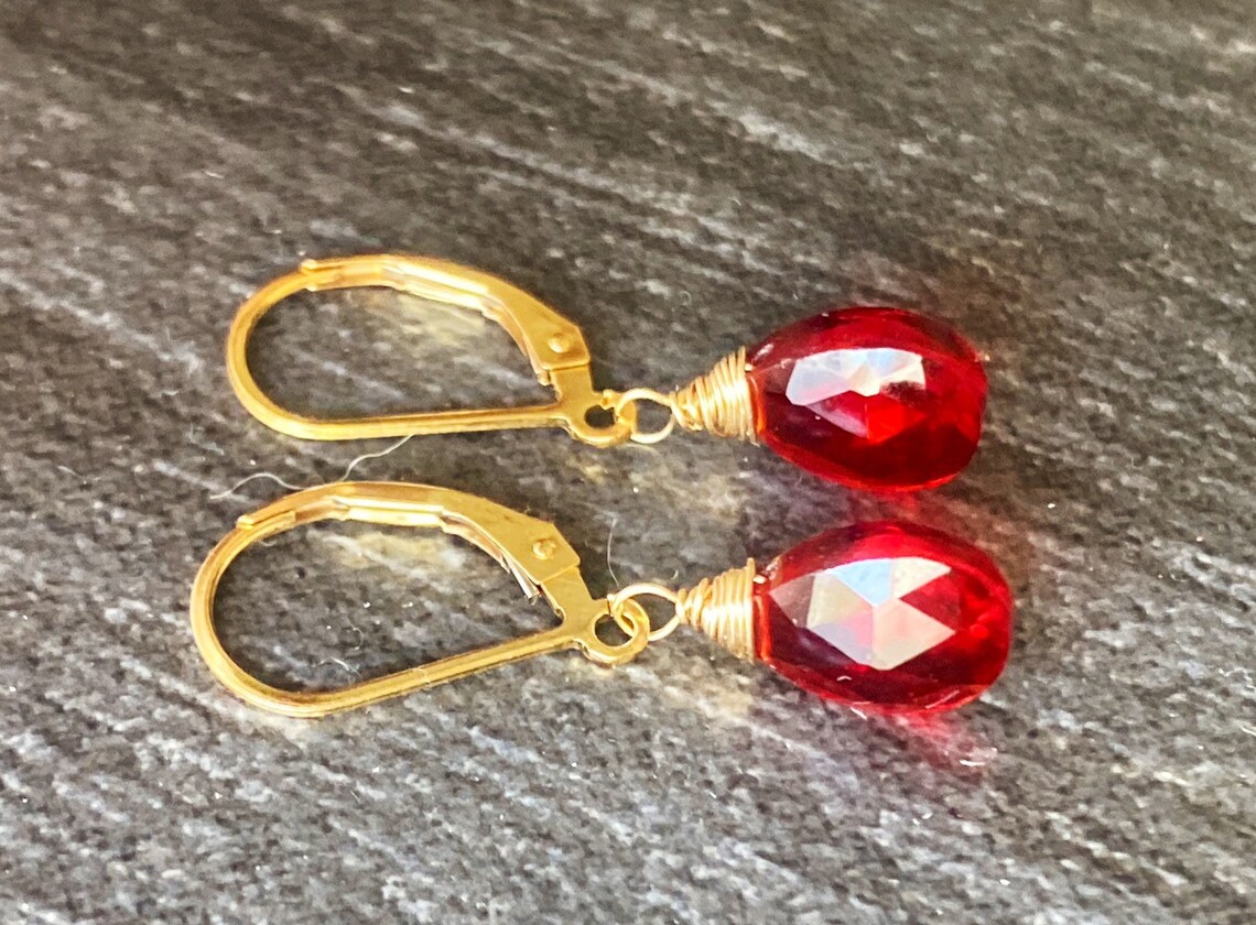 Red Ruby quartz earrings dangles. Gold or Silver. Petite | Etsy