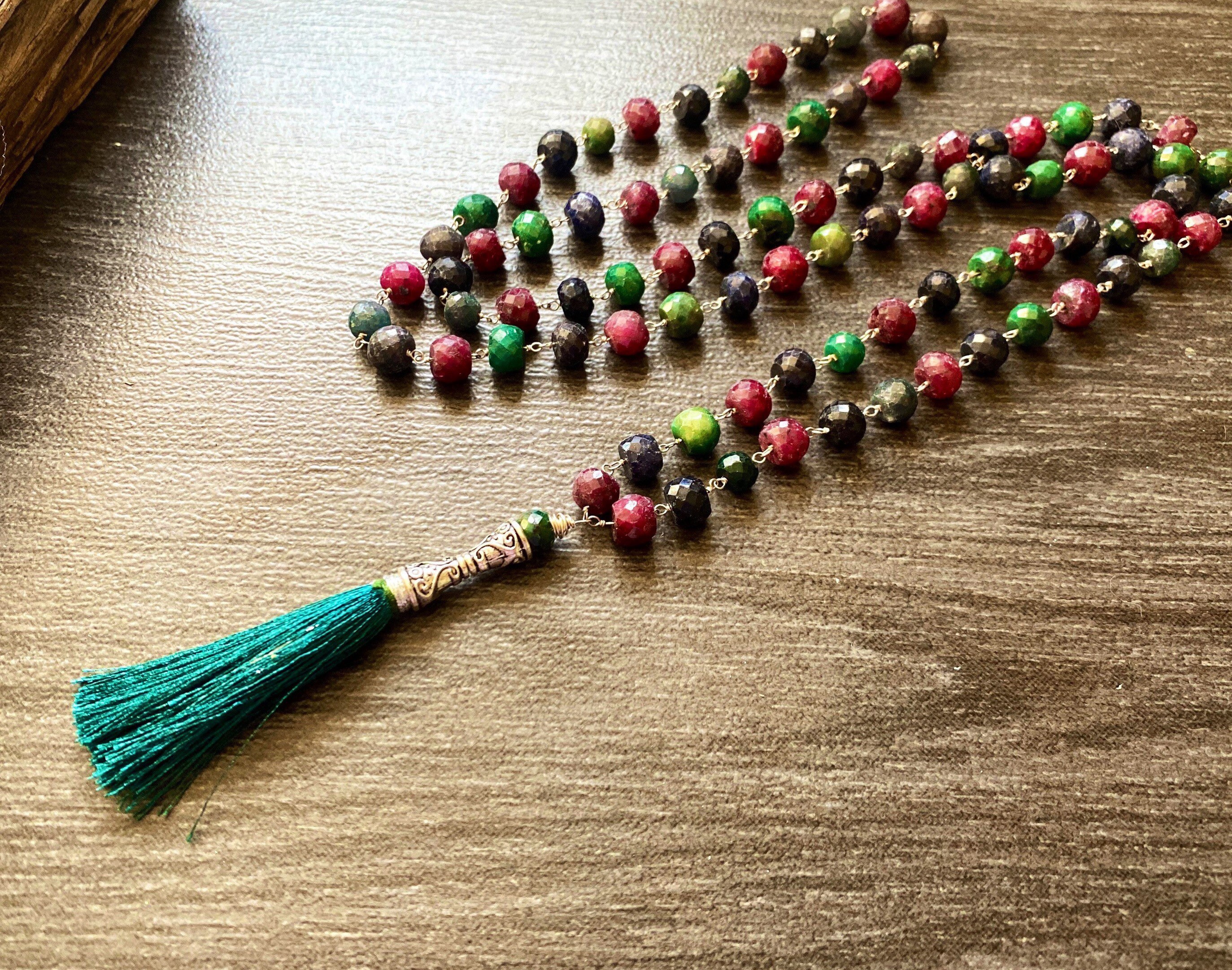 Red Ruby Blue Sapphire Green Emerald Mala Necklace | Etsy