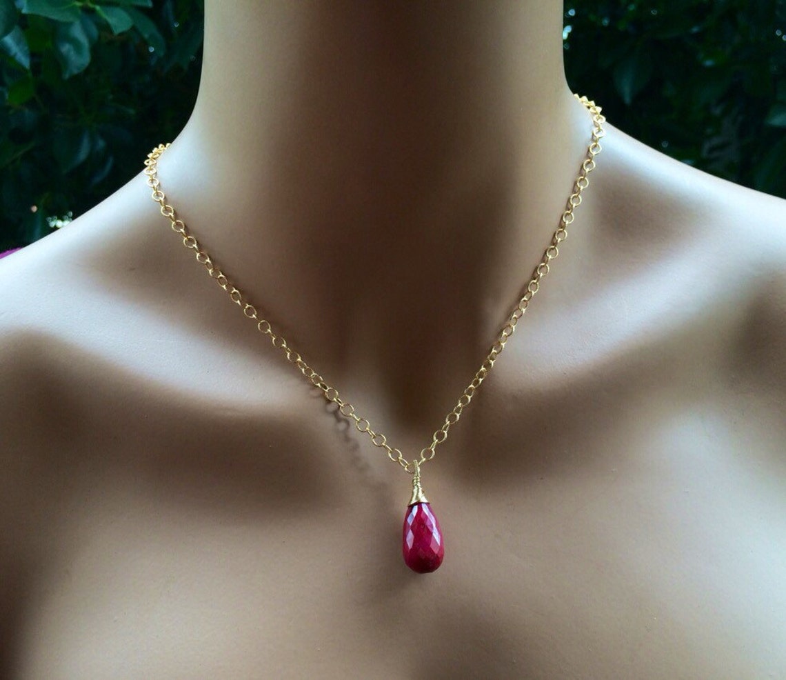 Big Natural Red Ruby Pendant Gold Necklace. Wire Wrapped. July - Etsy