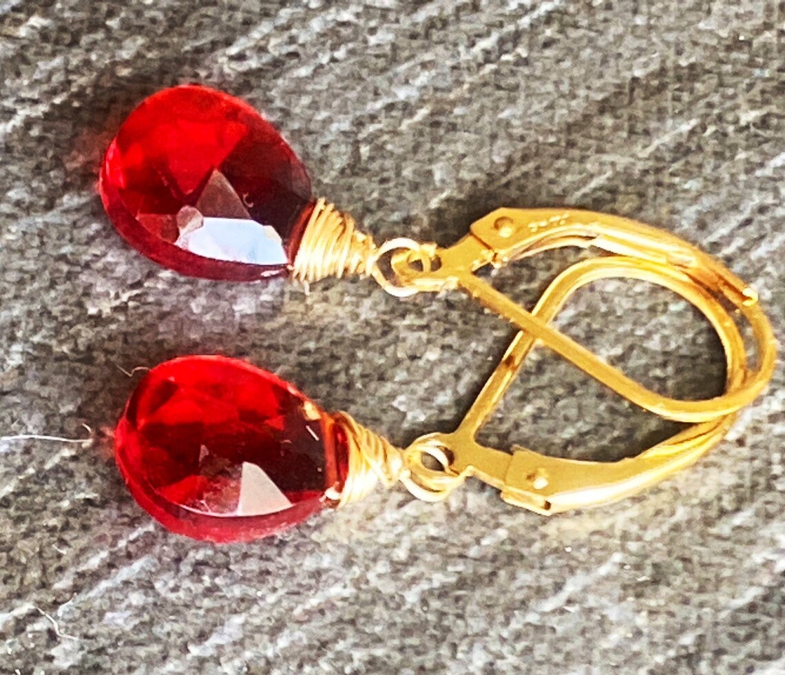 Red Ruby Quartz Earrings Dangles. Gold or Silver. Petite - Etsy