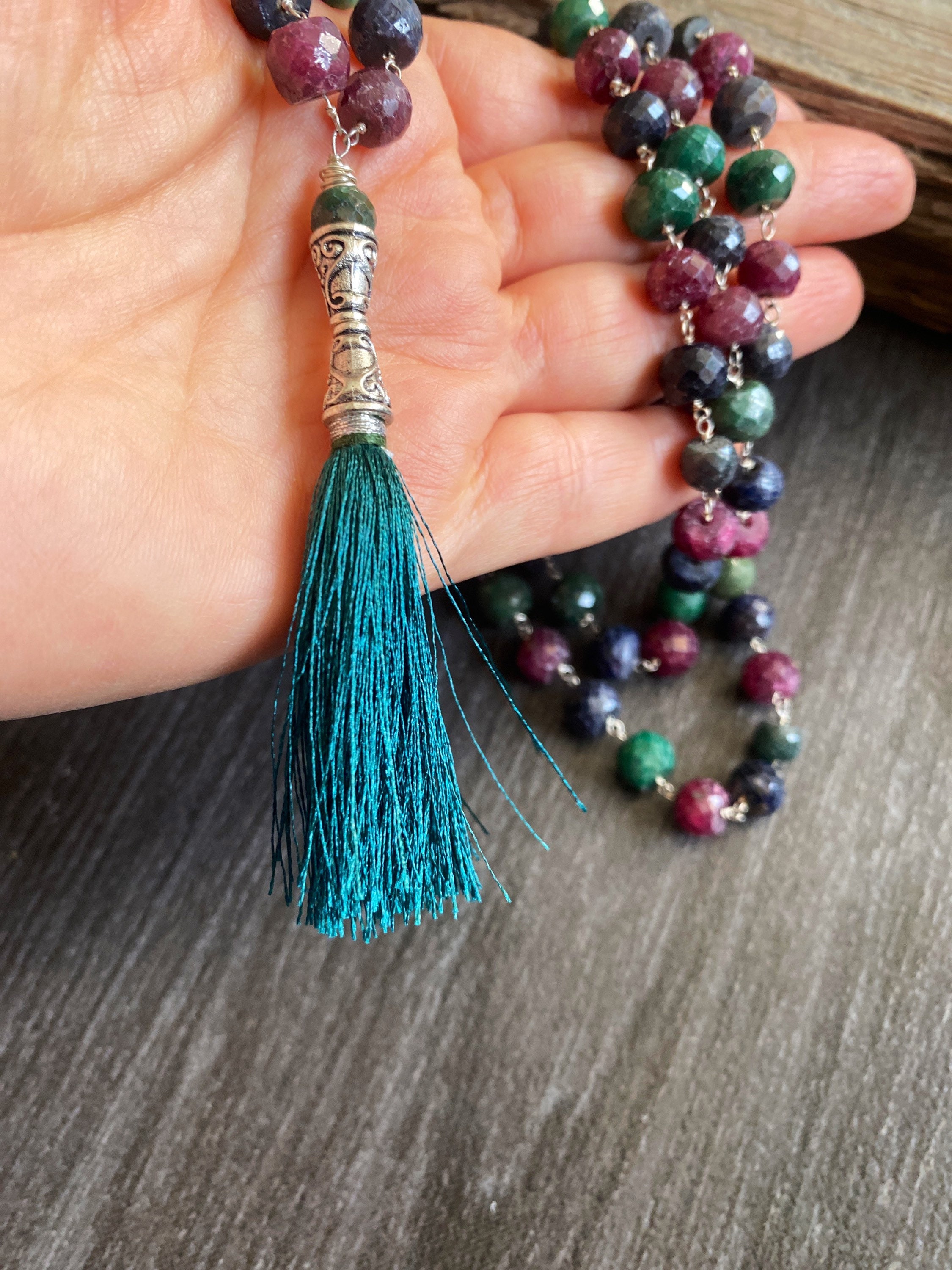 Red Ruby Blue Sapphire Green Emerald Mala Necklace | Etsy