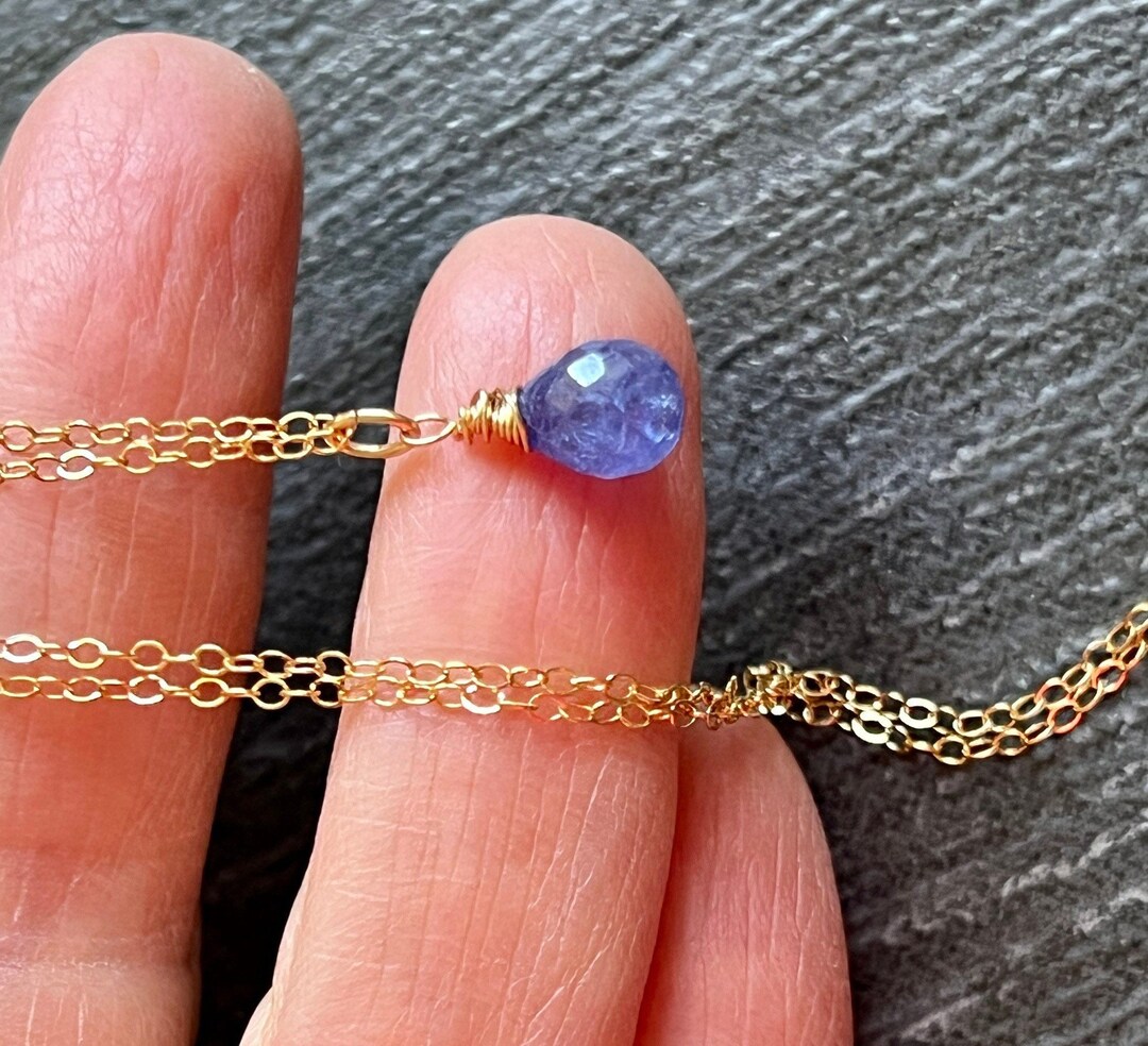 Tanzanite Pendant Gold Necklace. Tiny Blue Periwinkle Gem Solitaire ...