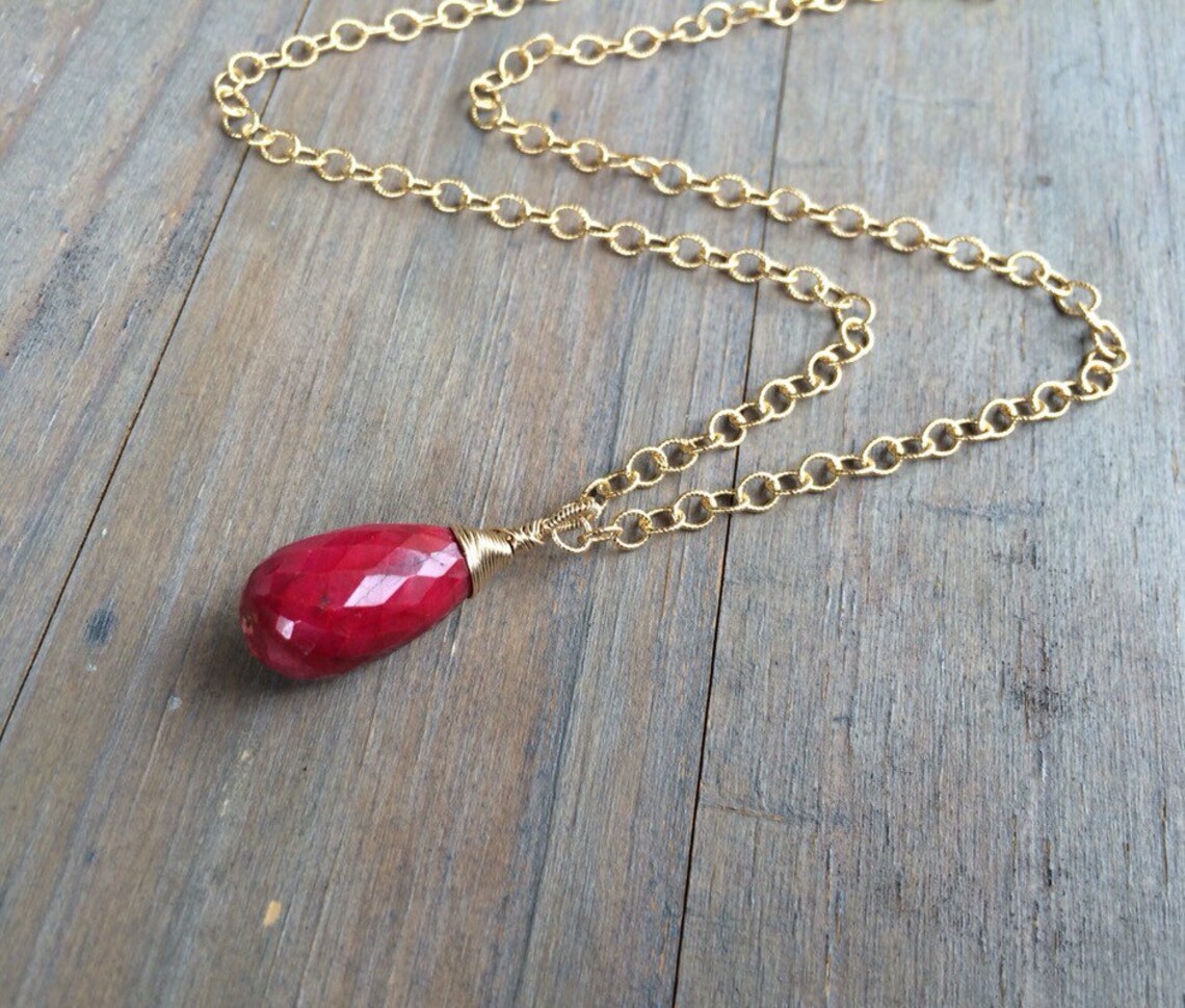 Big Natural Red Ruby Pendant Gold Necklace. Wire Wrapped. July - Etsy