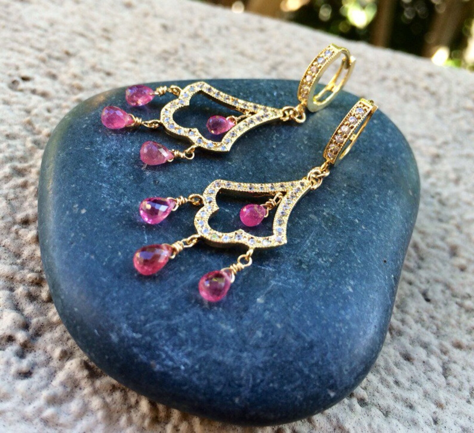 Pink Red Ruby Earrings. Gold Pave Chandeliers Genuine - Etsy