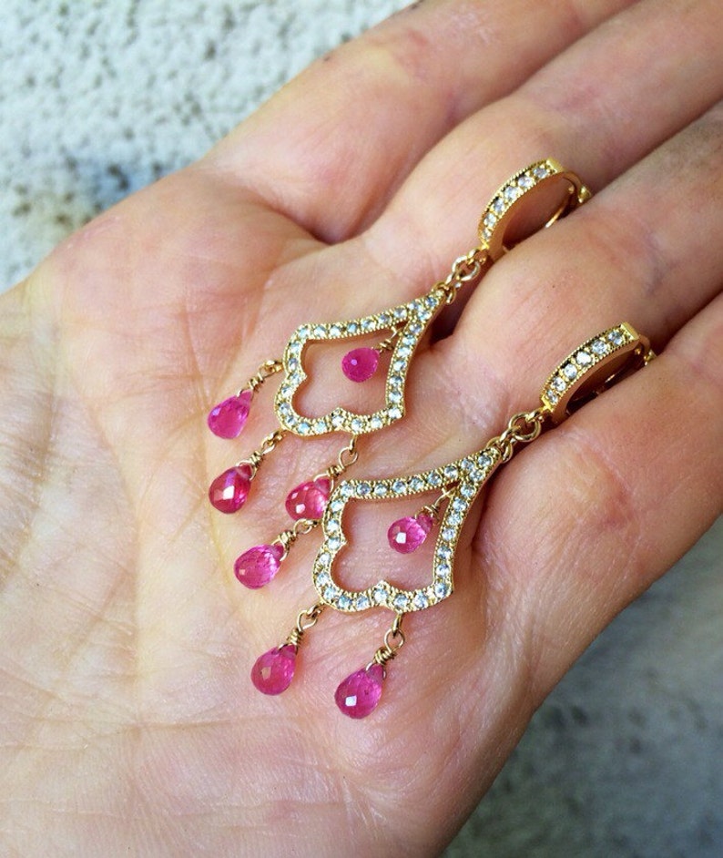 Pink Red Ruby Earrings. Gold Pave Chandeliers Genuine - Etsy
