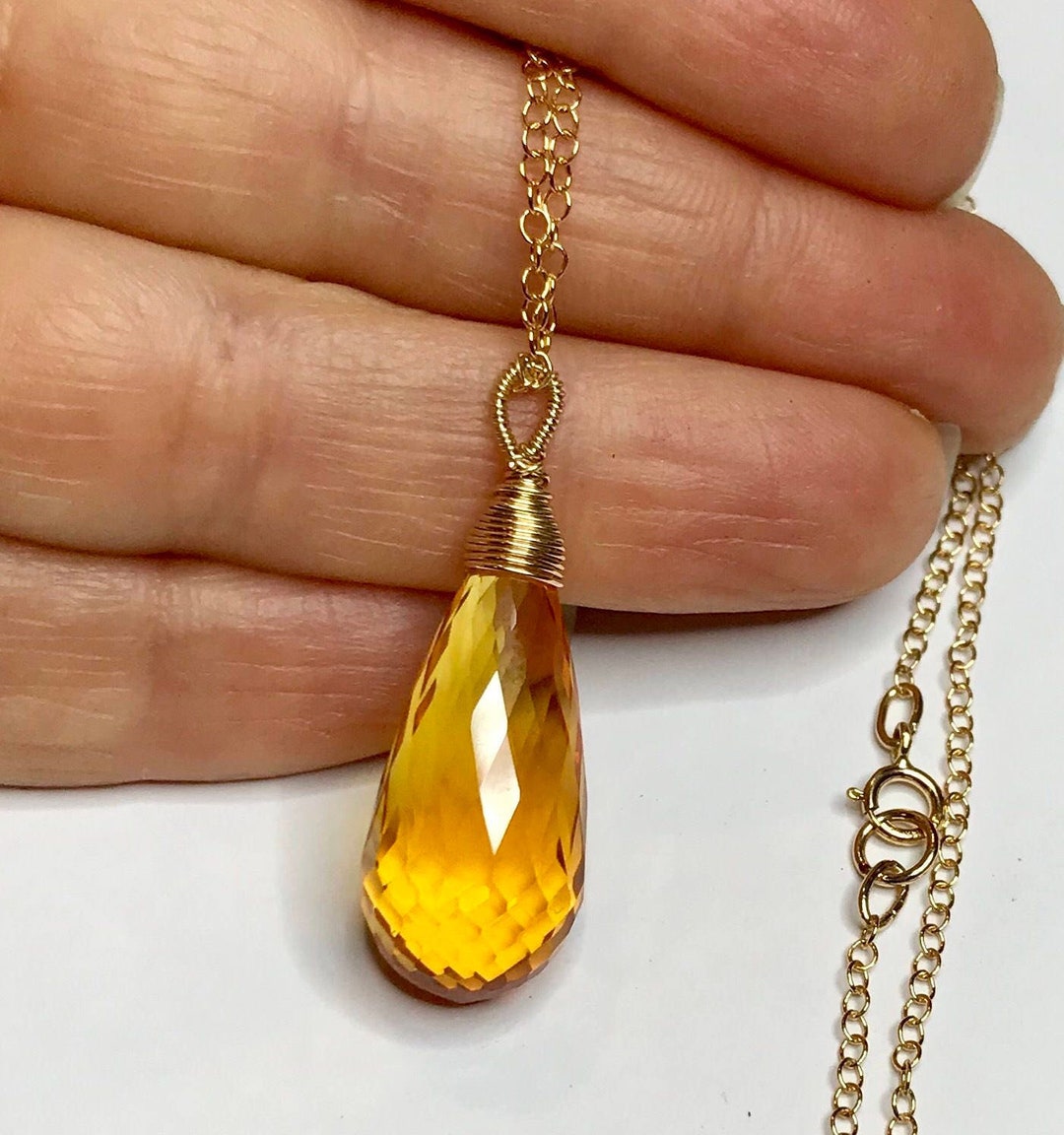 Yellow Citrine Quartz Pendant Necklace: 14k Gold Fill, Wire Wrapped ...