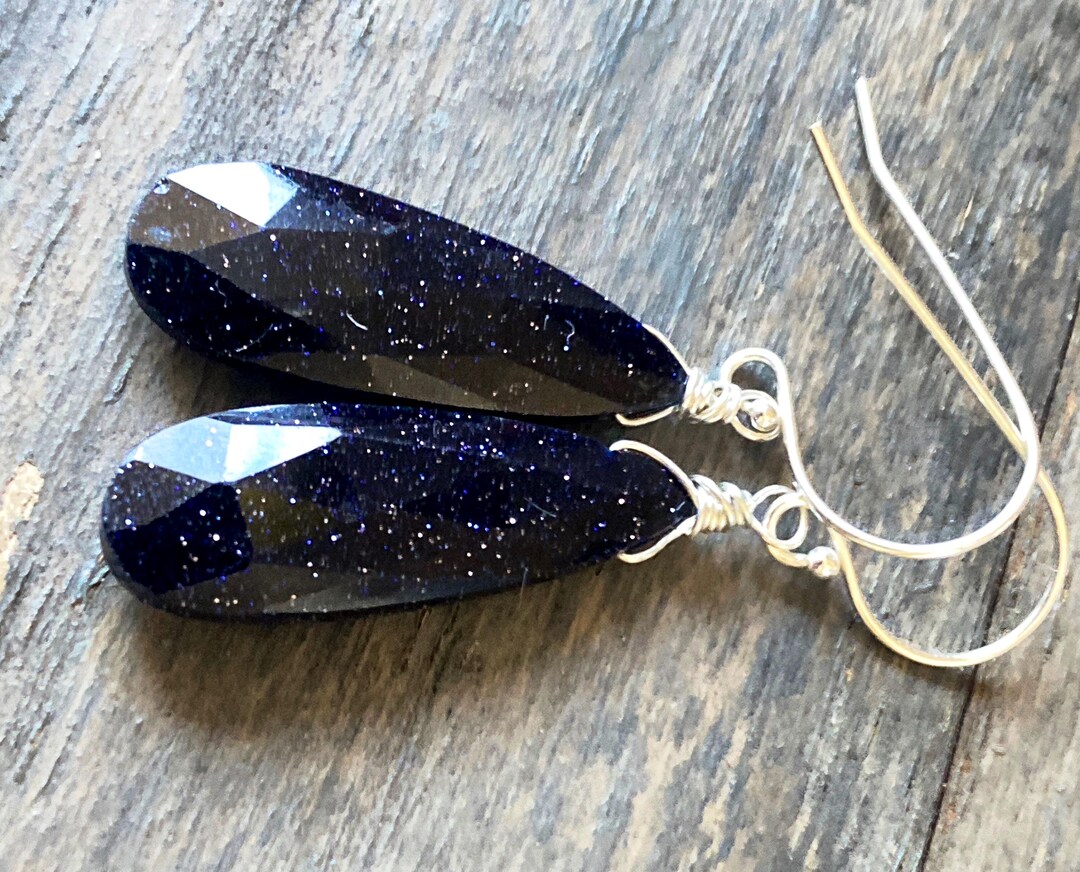 Handmade Dark Blue Goldstone Sterling Silver Earrings: Wire Wrapped ...