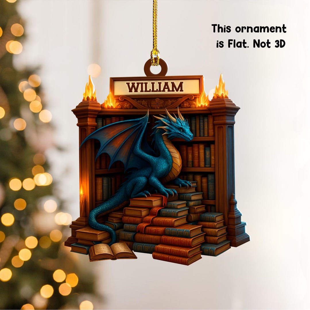 Personalized Dragon Bookshelf Flat Ornament: Christmas Bookworm Bookish ...