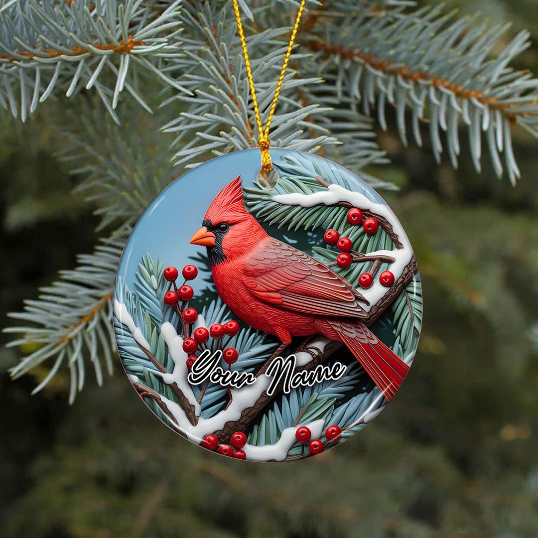 Custom Name Red Cardinal Christmas Ornament, Cardinal Bird Ceramic ...