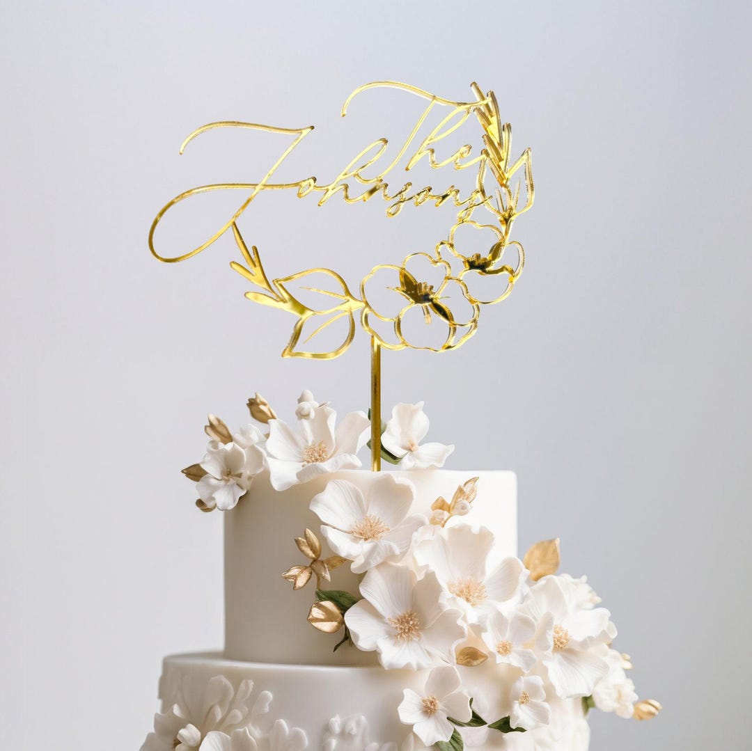Floral Gold Mirror Wedding Cake Topper, Custom Last Name - Etsy