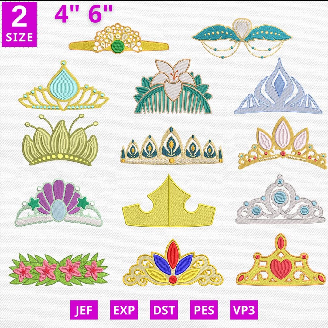 Pack of 14 Princess Crown Embroidery, Magic Kingdom Embroidery Design ...