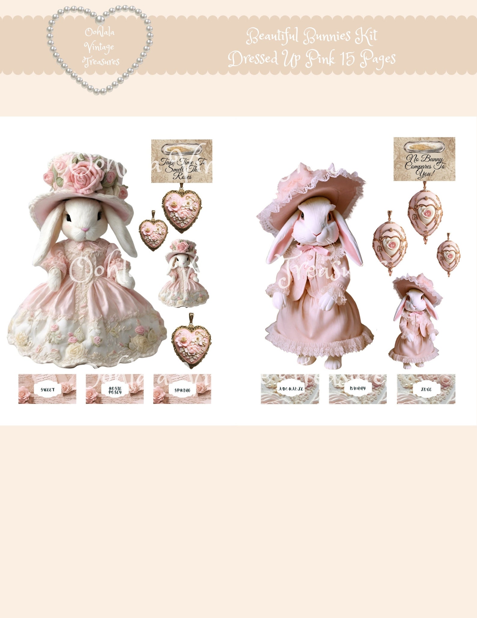 Beautiful Bunnies Kit-dressed up Pink Victorian Hats, Hearts, Roses ...